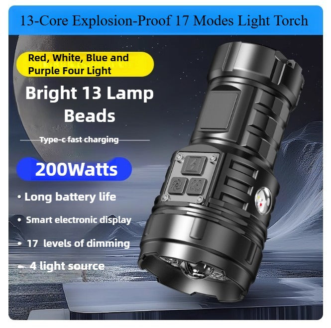 200W 13-Core Explosion-Proof 17 Modes Light Torch (9+4 Core) Ultraviol ...