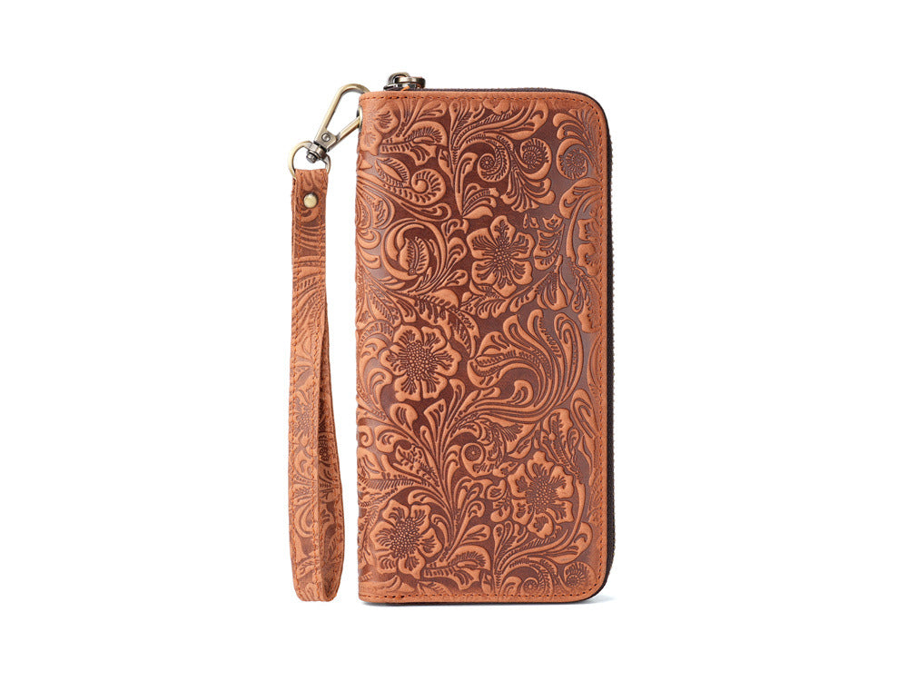 High-end Retro Crazy Horse Leather Long Purse Tangcao Floral PatternLo ...