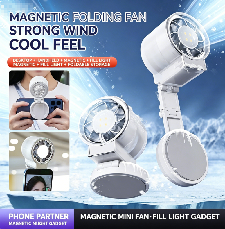 Magnetic Phone-Mounted Lighting Folding Fan | 3-in-1 Desk, Handheld ...